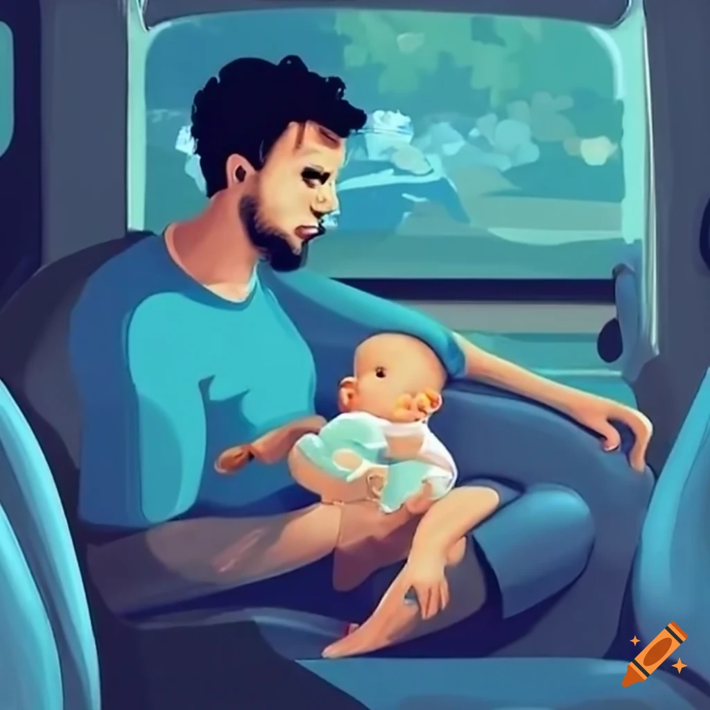 Man driving blue van with baby as passenger on Craiyon