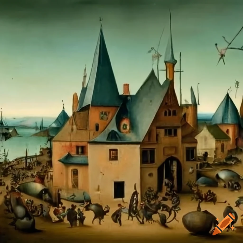 Hieronymus bosch village scene on Craiyon
