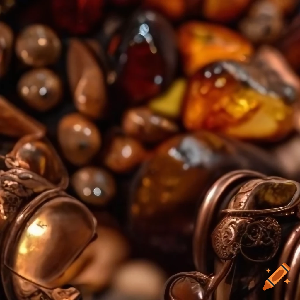 Copper tubes and amber stones in a steampunk style on Craiyon