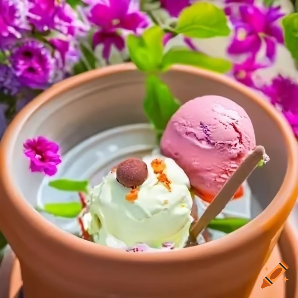 Creative scene with ice cream in a clay flower pot and flower decor ...