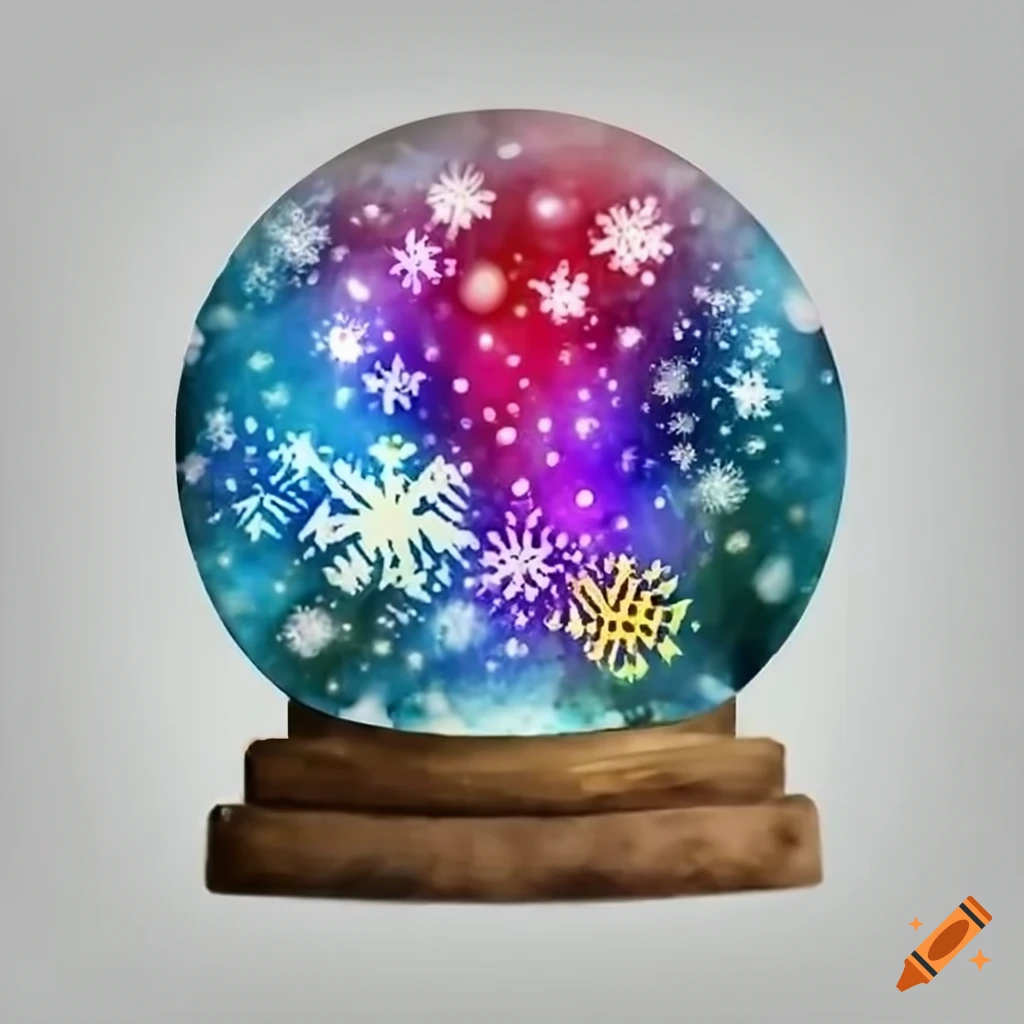 Snow globe with snowflakes on wooden base in a fantasy setting on Craiyon
