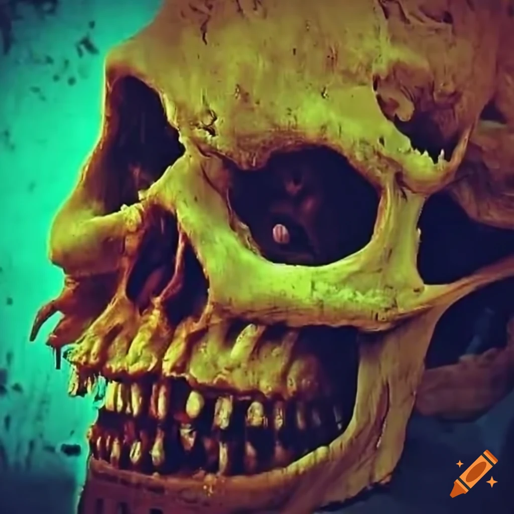 Green laughing skull monster creature in a horror cctv footage with ...