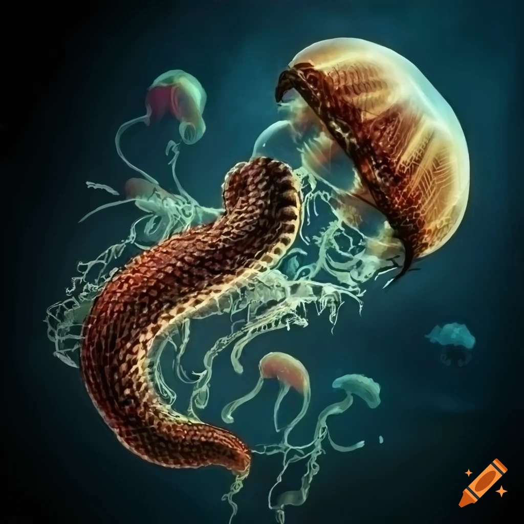 Vintage steampunk depiction of snakes and jellyfish on Craiyon