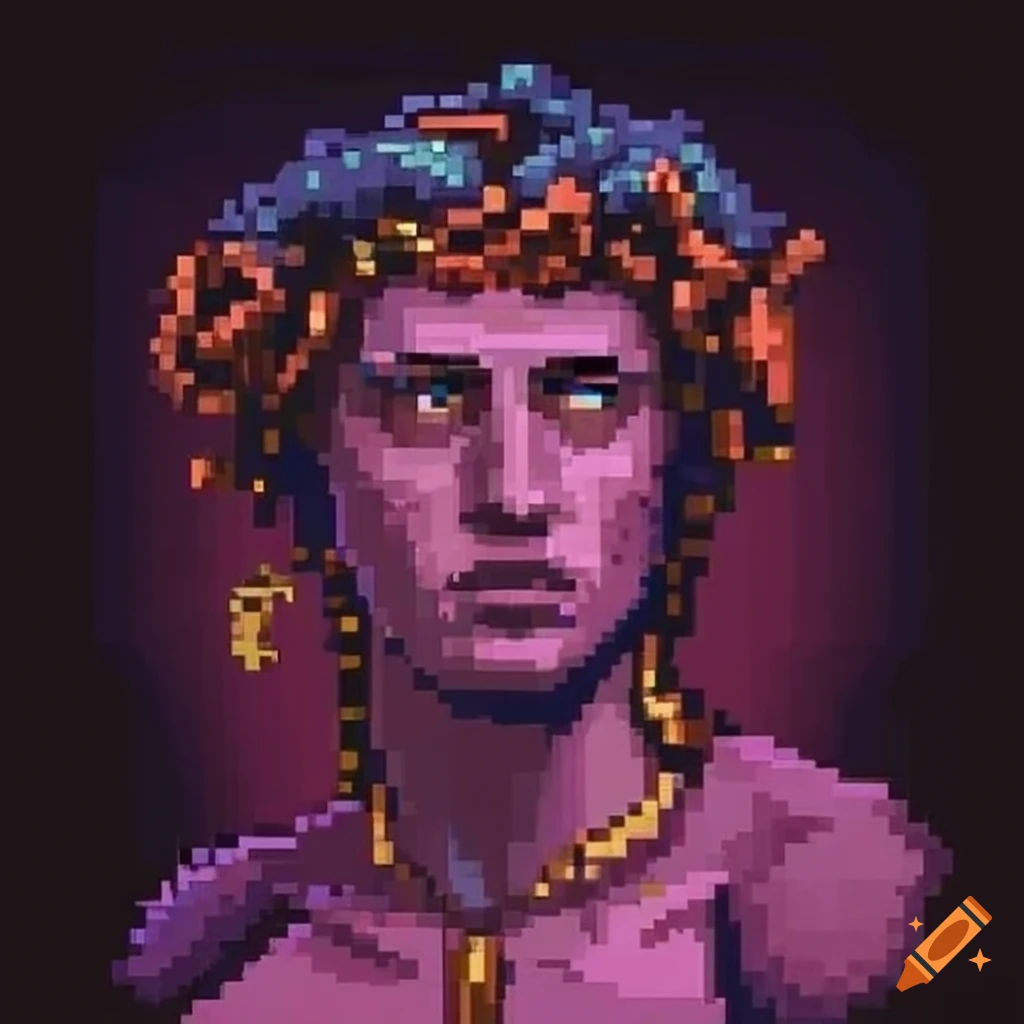 Greek God Apollo In A Cyberpunk Café In Pixel Art Style On Craiyon