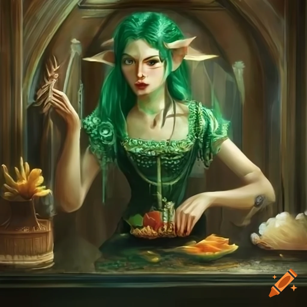 Victorian elf with green hair working on an aquarium in a fantasy ...