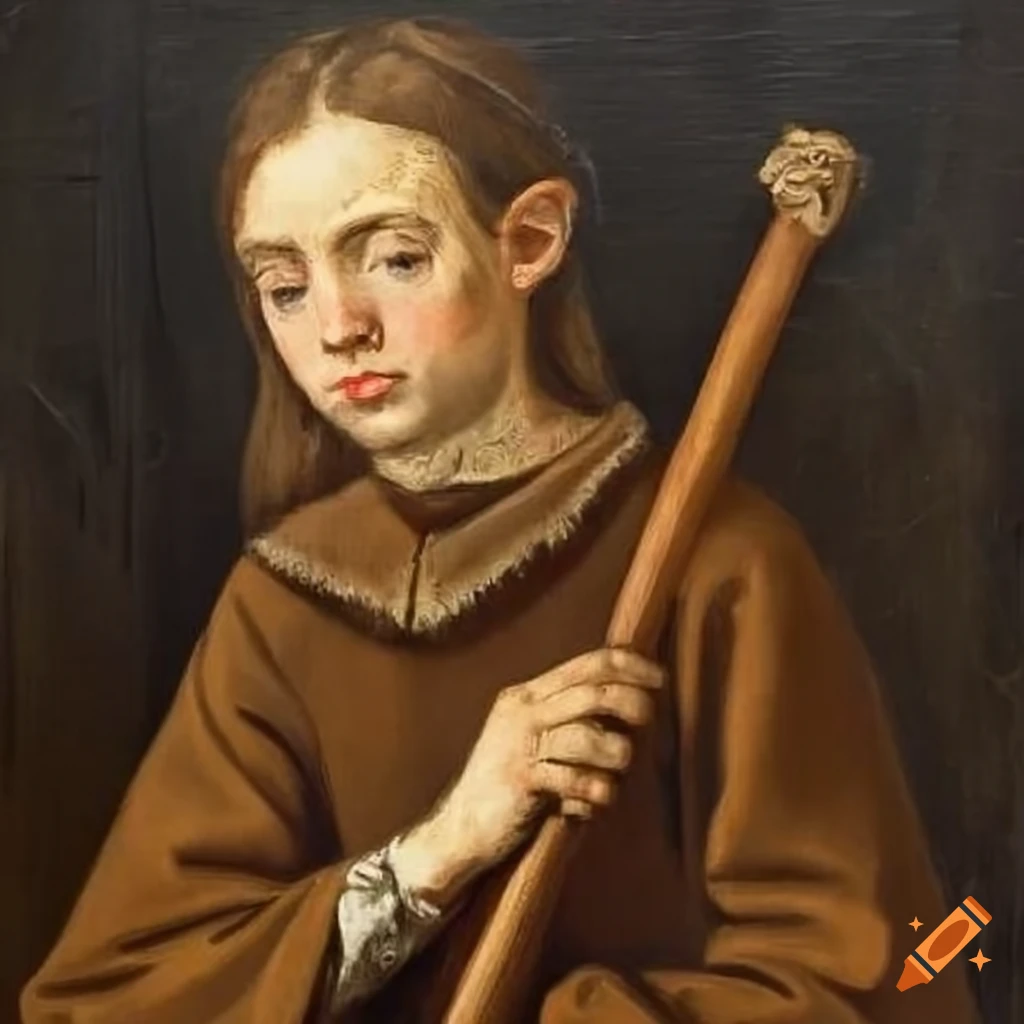 Medieval young wizard in brown robe with golden details and wooden ...