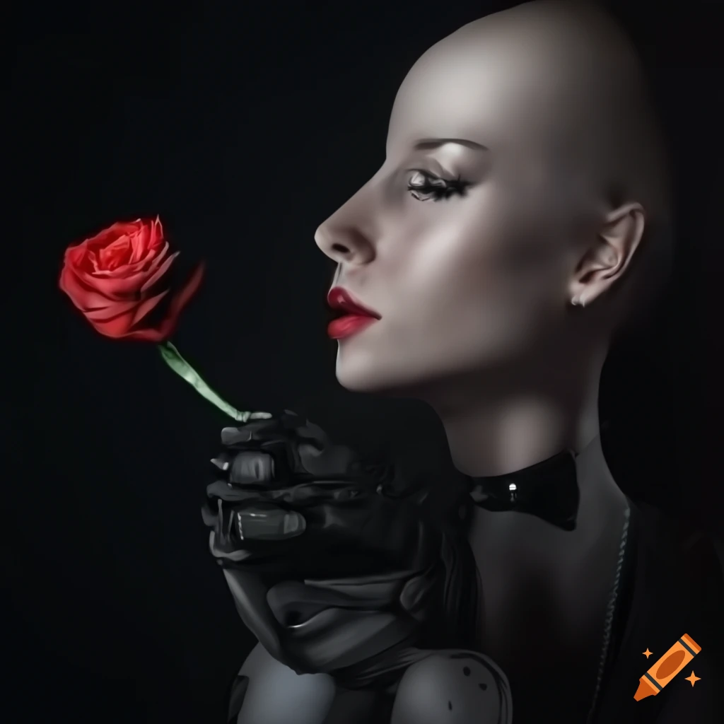 Female cyborg holding a rose on a dark background on Craiyon