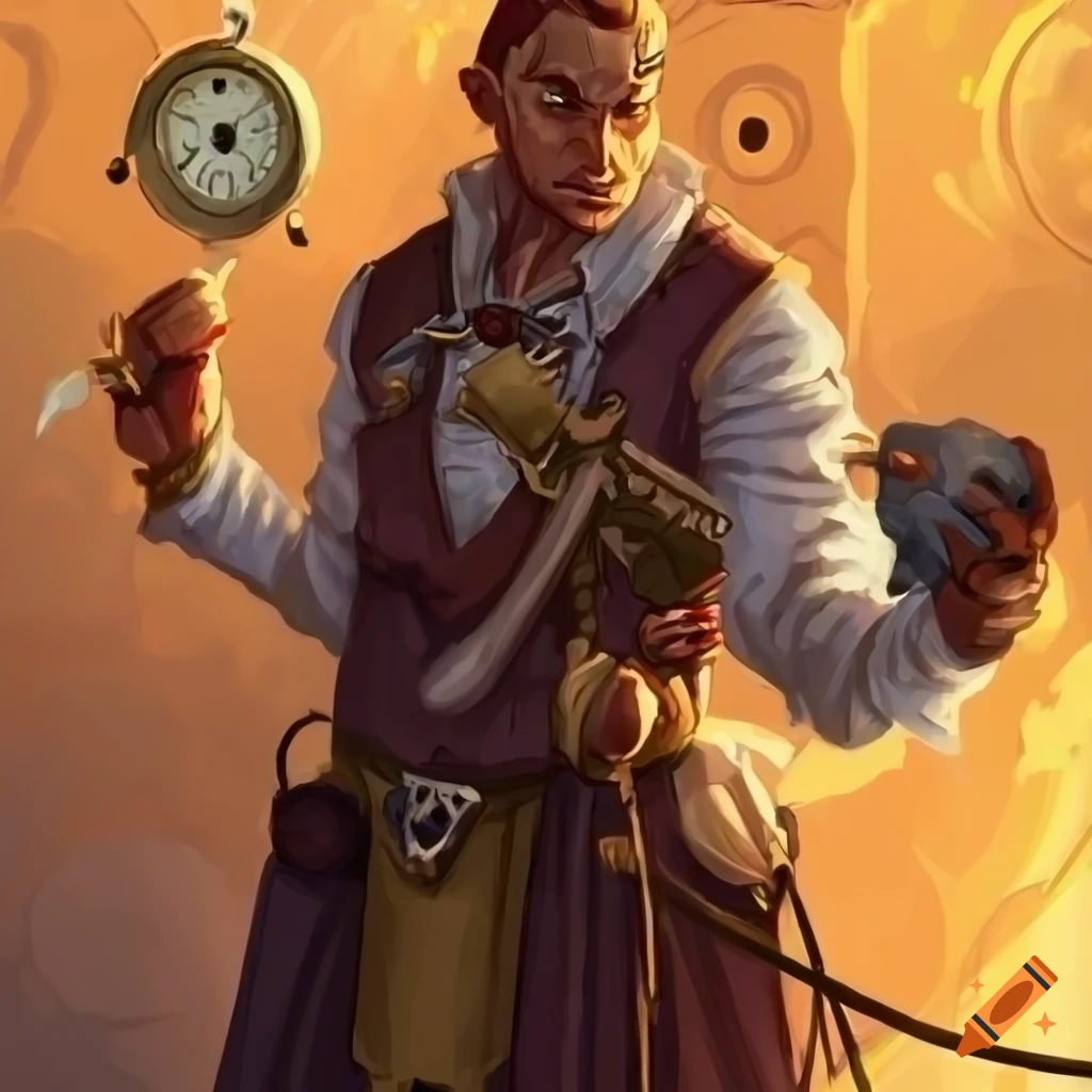 Highly detailed DND art of a warforged young wizard repairing a clock ...