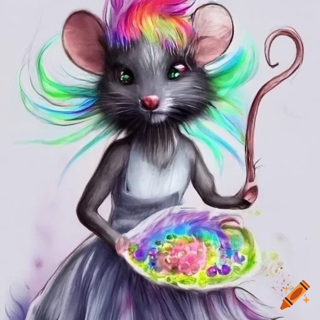 Cute anthro black mouse with rainbow hair in a white flower dress in ...