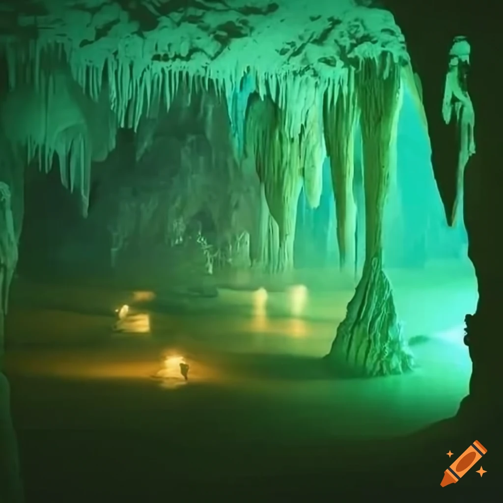 Glowing cavern with underground city buildings in an ethereal ...