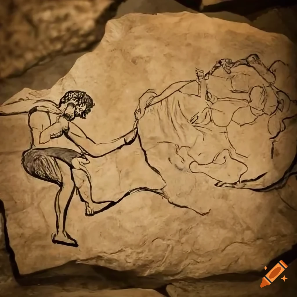 Ancient cave drawing of sisyphus pushing boulder uphill on Craiyon