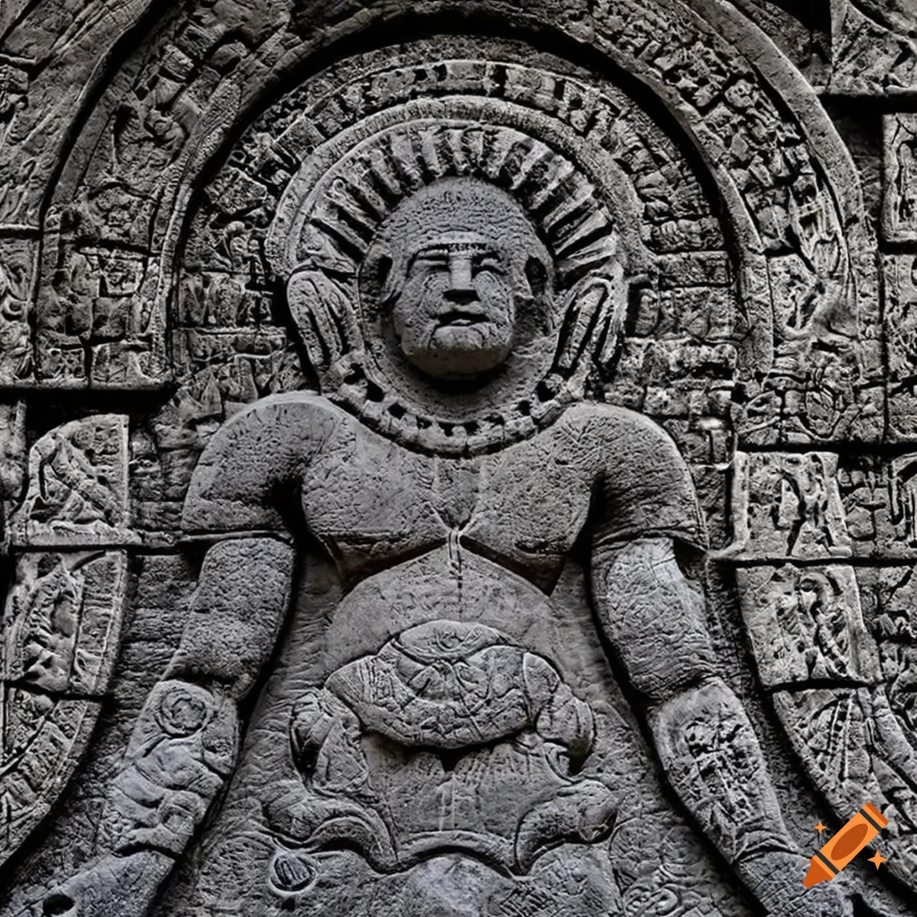 Ancient engraved stone mural depicting aliens on Craiyon