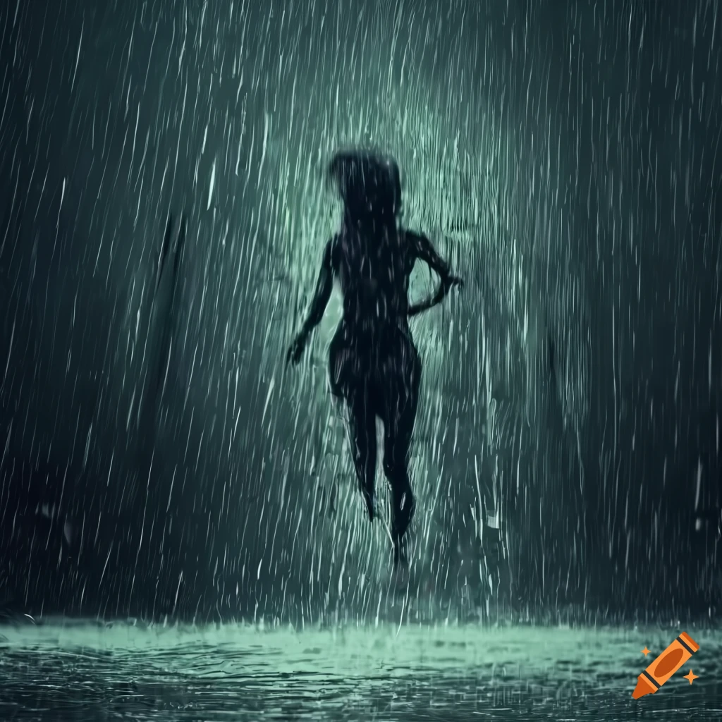 Woman running barefoot in the rain with a frantic and moody vibe on Craiyon
