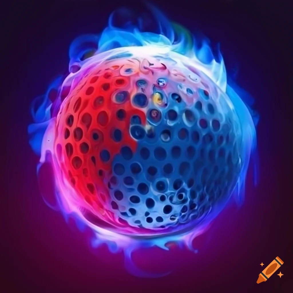 Golf ball logo design with red flames and blue water mist on Craiyon