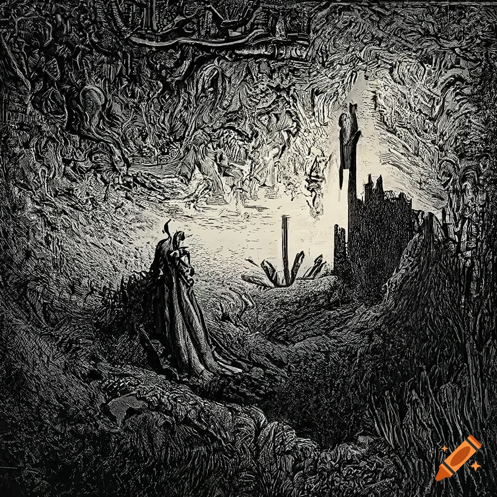 Surreal black and white art with gustave doré style drawing depicting a ...