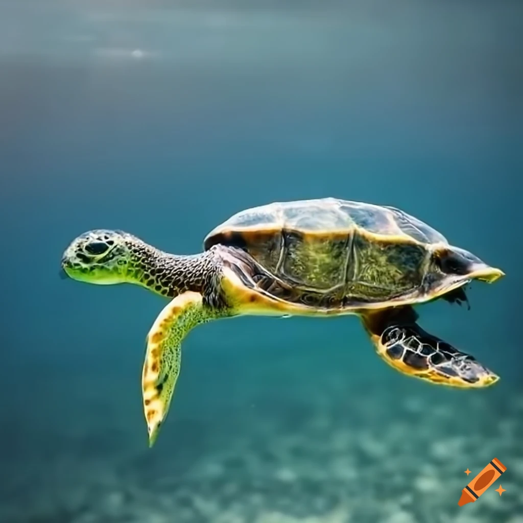 Green turtle approaching water surface from the side on Craiyon