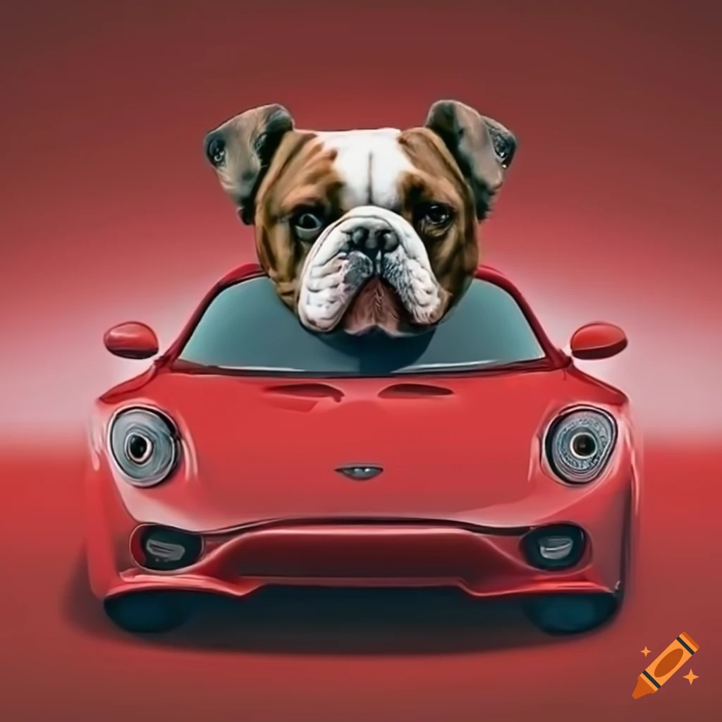 Bulldog driving a red sports car in a photorealistic style on Craiyon