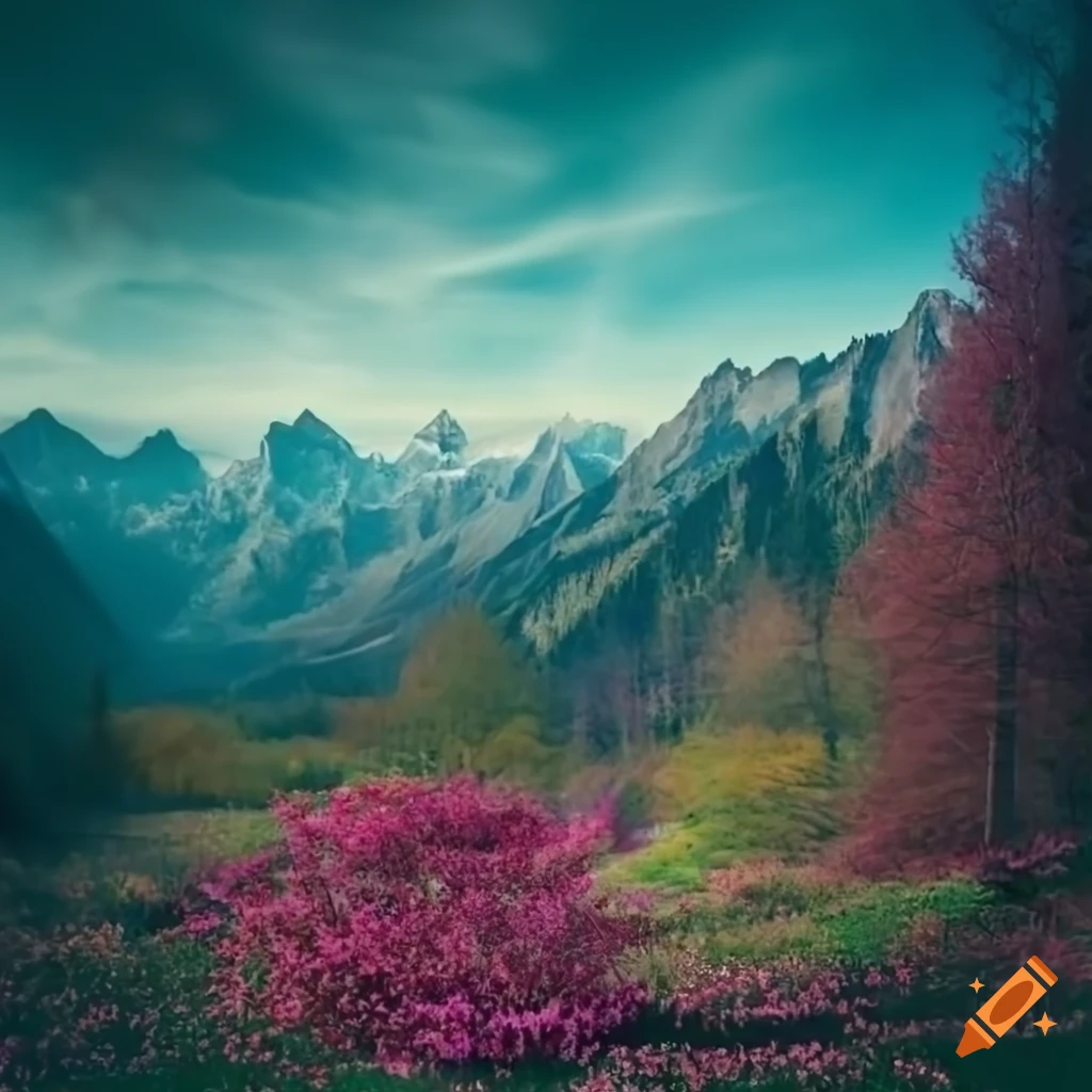 Springtime scenery with mountains, trees, and colorful flowers in a ...