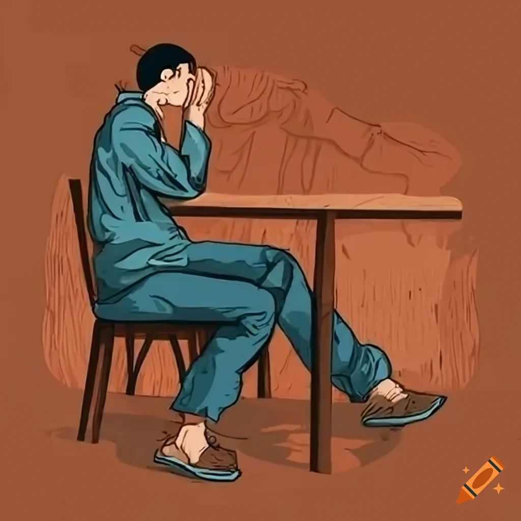 Sad man drinking alone at a wooden table on Craiyon