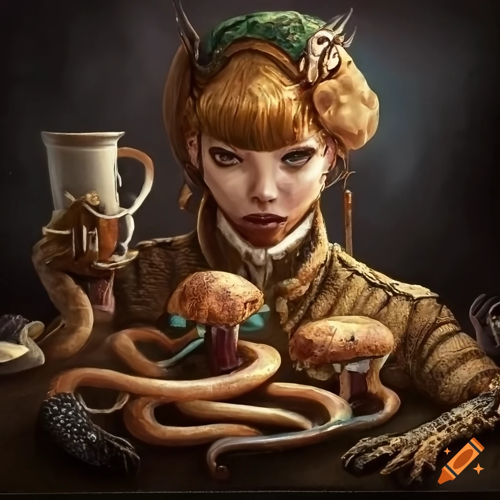 Gingerbread, green tea, mushrooms, snake, bones in a steampunk setting ...