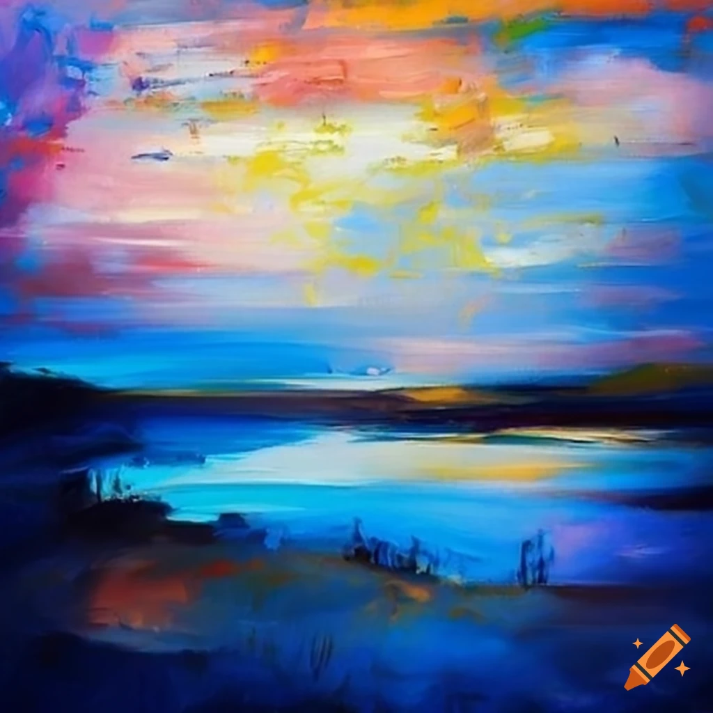 Impressionist abstract painting of a river estuary with sand dunes ...