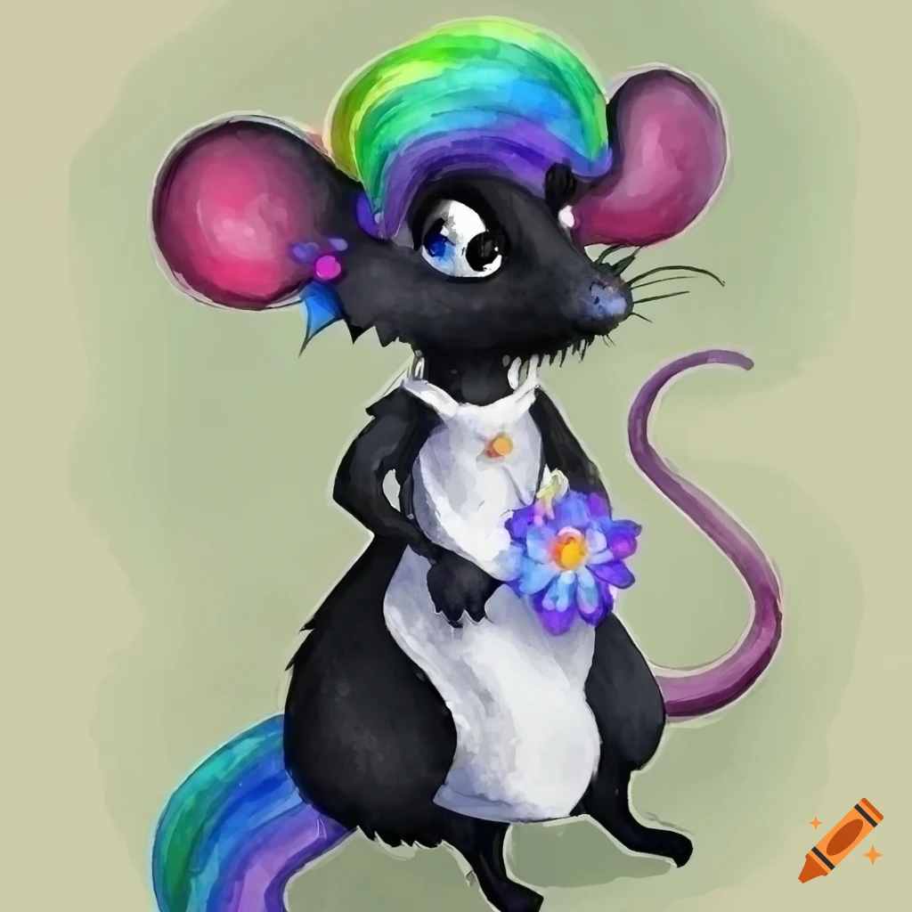 Cute anthro black mouse with rainbow hair in a white flower dress in ...