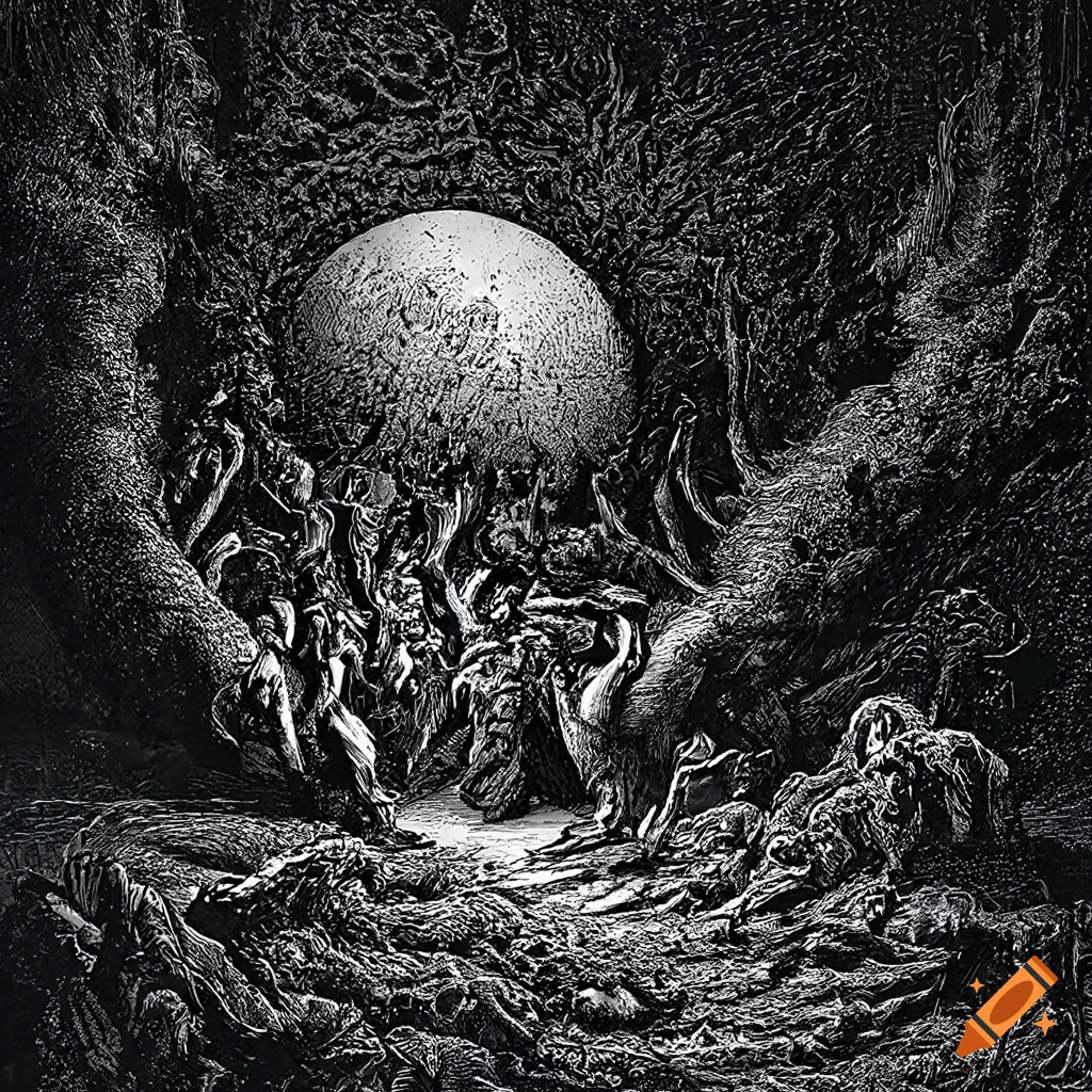 Surreal black and white art with Gustave Dore style drawing depicting a ...