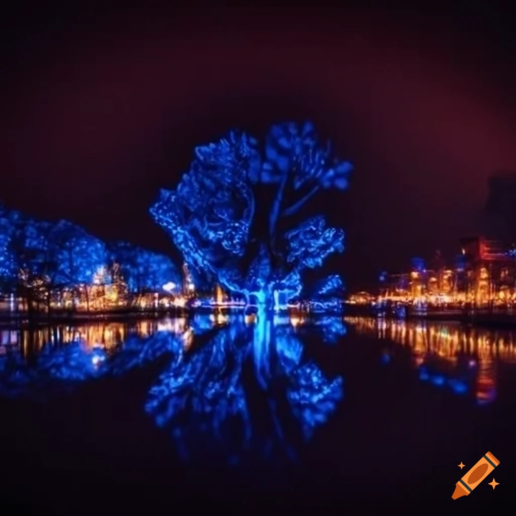 Neon tree lights glowing at night near water on Craiyon