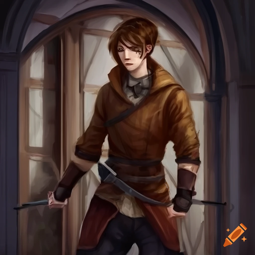 Young male rogue eavesdropping outside a window in a fantasy setting on ...