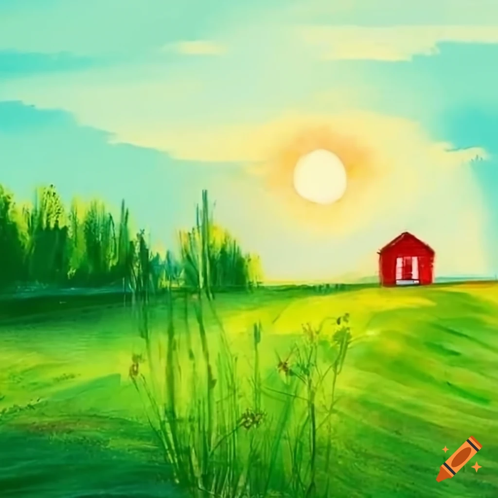 Peaceful field with a happy little farm in the background on Craiyon