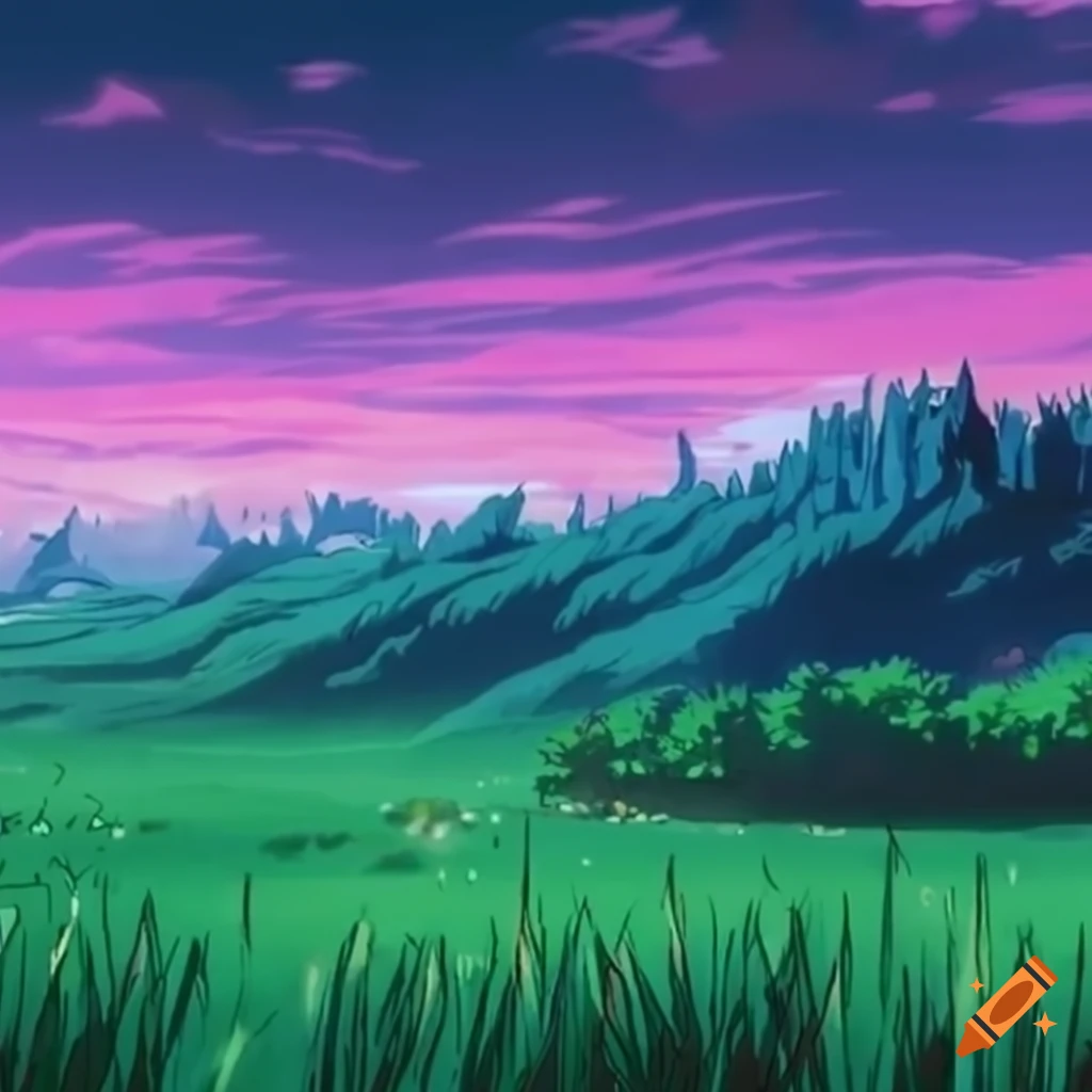 Vast grass fields in a 1990s anime OVA background on Craiyon