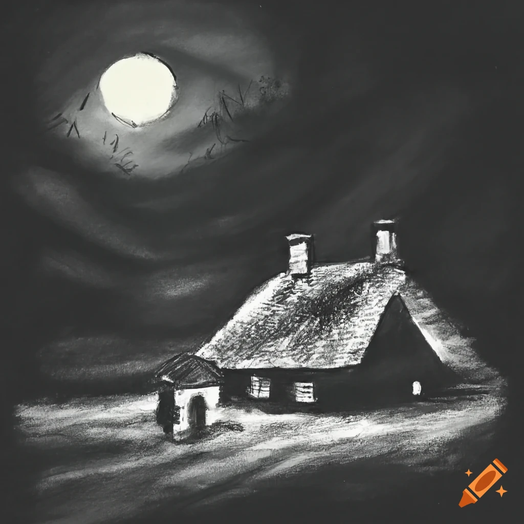 Cottage in a polish village at night in charcoal drawing on Craiyon