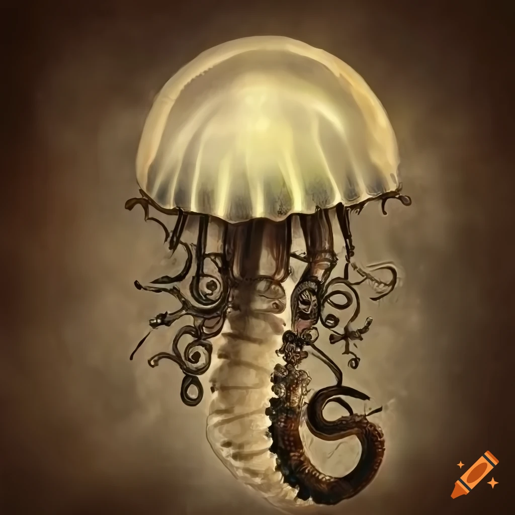 Vintage steampunk illustration of snakes and jellyfish on Craiyon