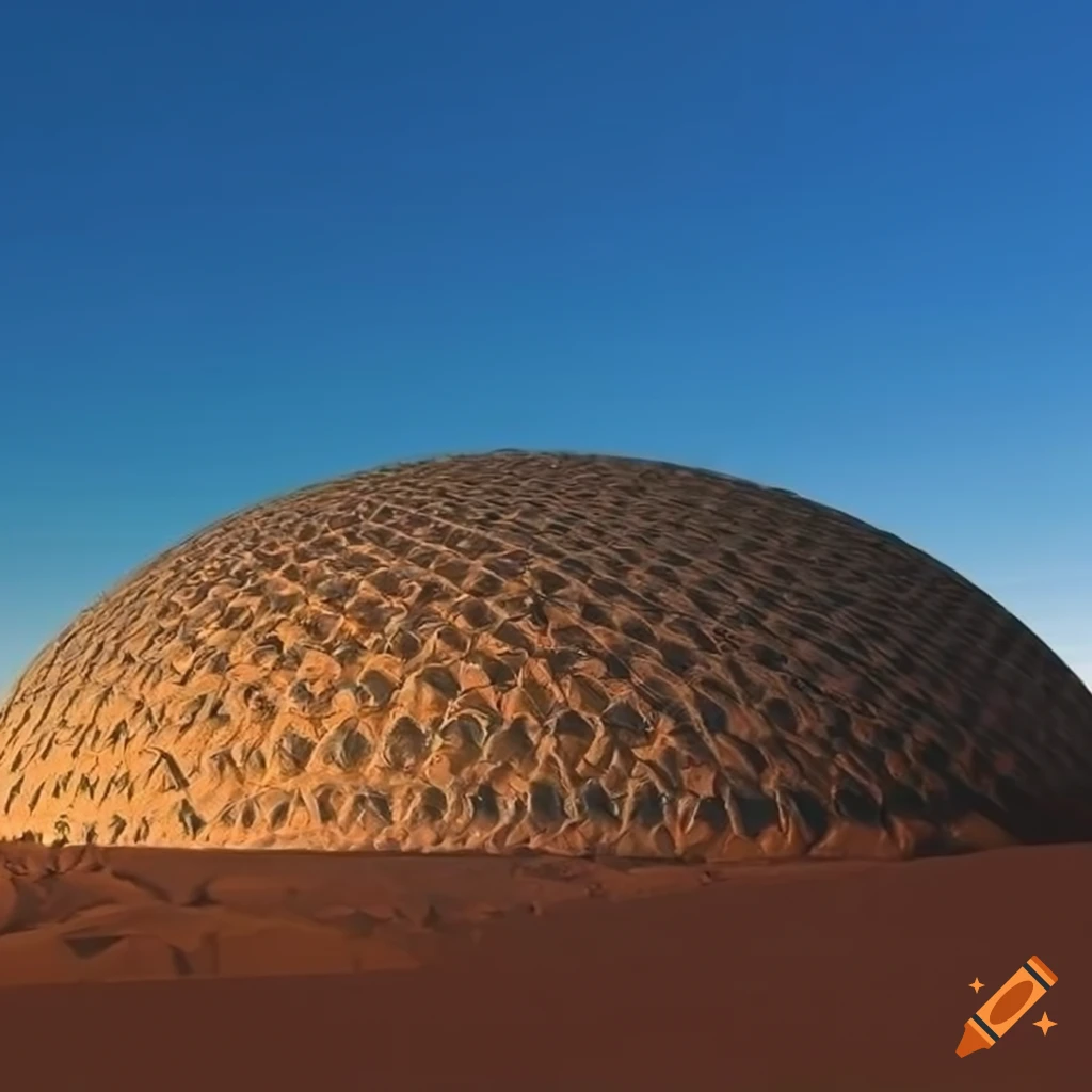 Vast desert landscape with a dome inspired by desert scarab beetle's ...