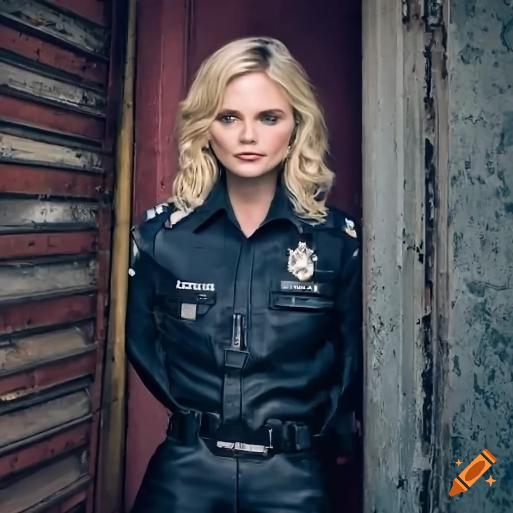 Blonde police officer in LAPD shirt and black leather trousers peering ...