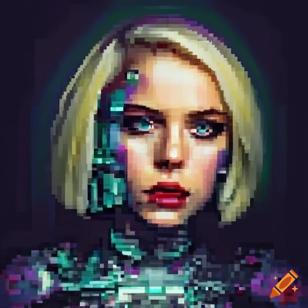 Pixelart portrait of a russian android cyborg girl on a cyberpunk ...
