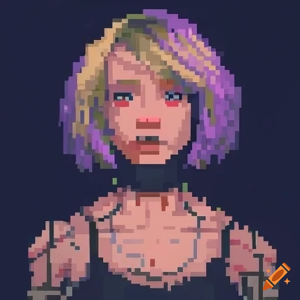 Pixel art portrait of a cyborg idol with layered bob hairstyle in a ...