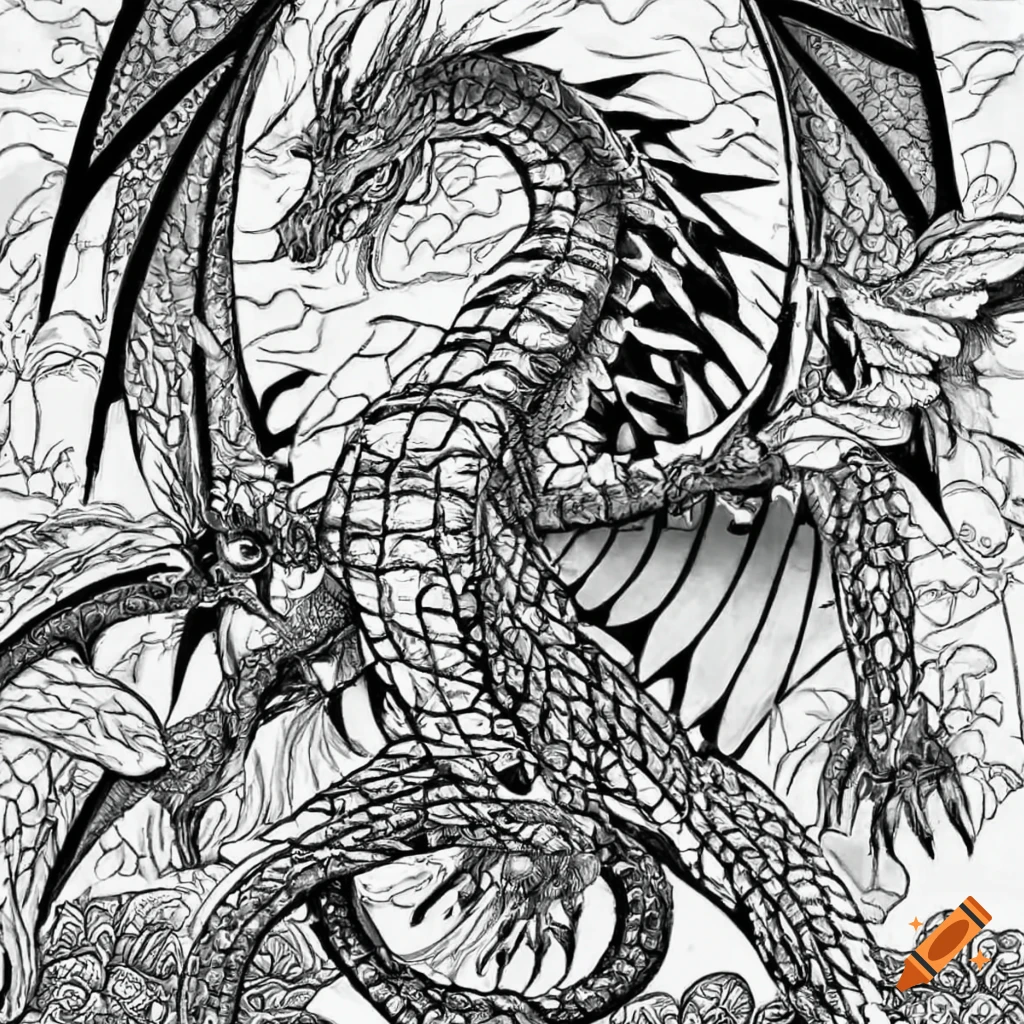 Coloring page of a fierce dragon on Craiyon