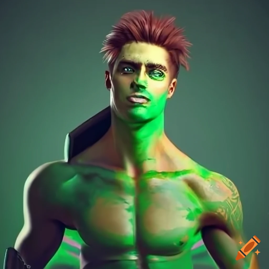 Handsome green-skinned muscular man with long wavy hair in a varsity ...