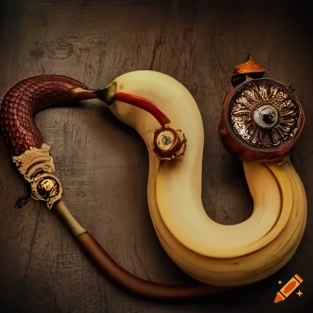 Steampunk themed image with banana, cherry, cream, and snakes on Craiyon