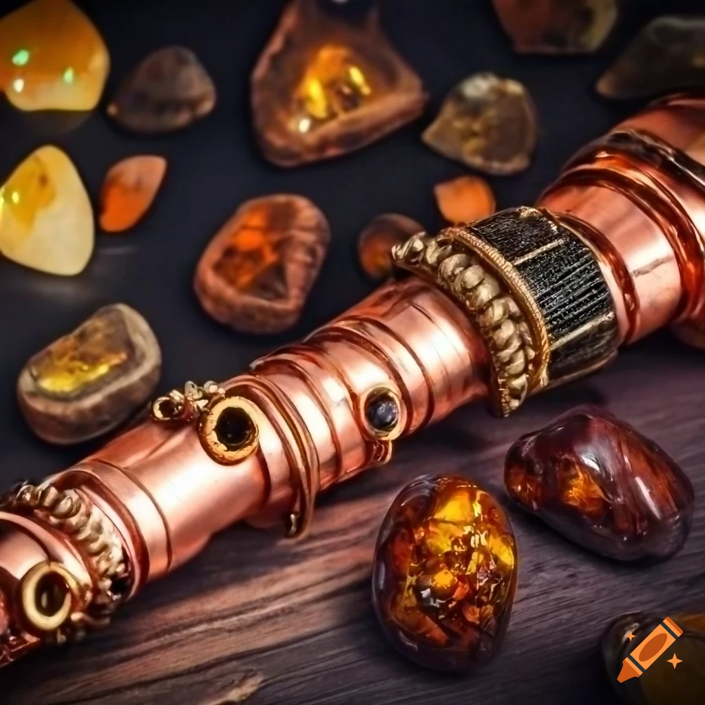 Copper tubes and amber stones in a steampunk style on Craiyon