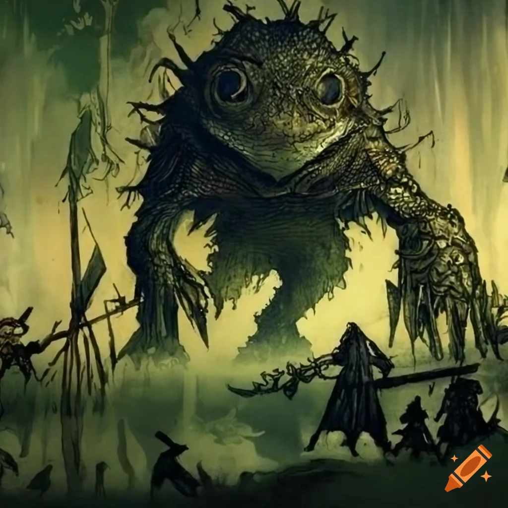 Fantasy battle scene with knights and giant frogs in a murky swamp (Ian ...