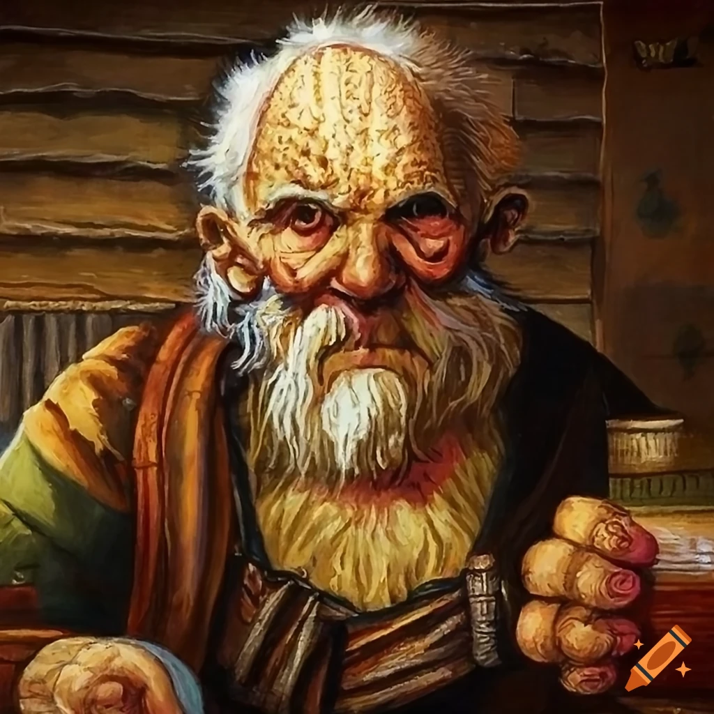 Old white-haired innkeeper wiping a beer mug in a medieval tavern on ...