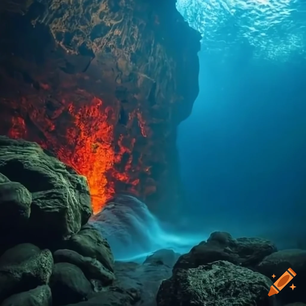 Underwater cavern with lava rocks falling into churning water on Craiyon