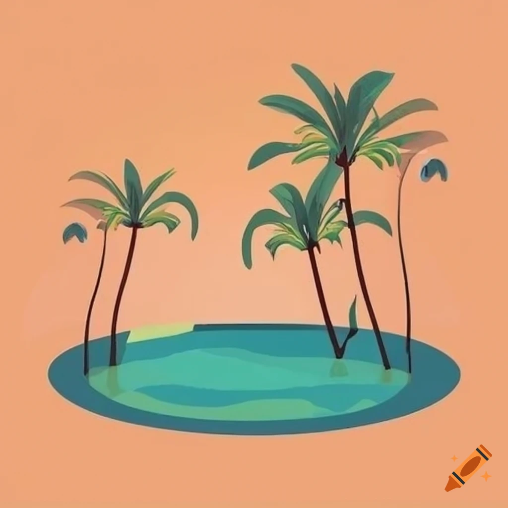 Flat style illustration of an oasis on Craiyon