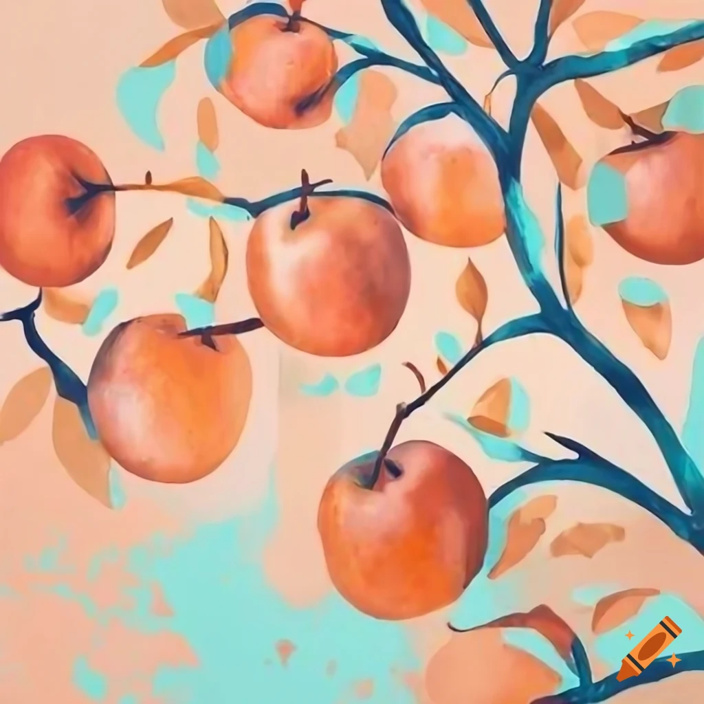 Colorful modern painting of Winter blue apples on branches in ...