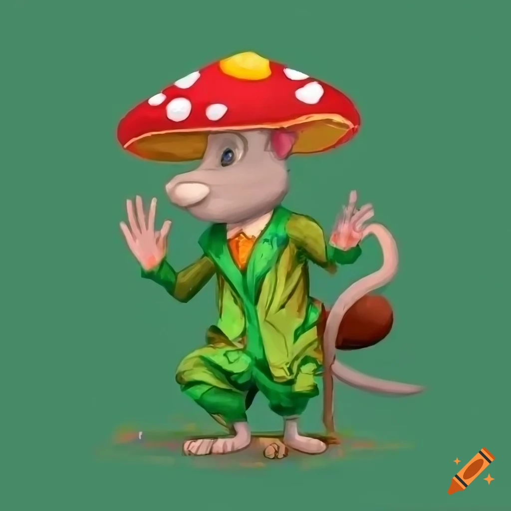 Cartoon anthro male mouse in a leaf suit and mushroom hat in oil ...