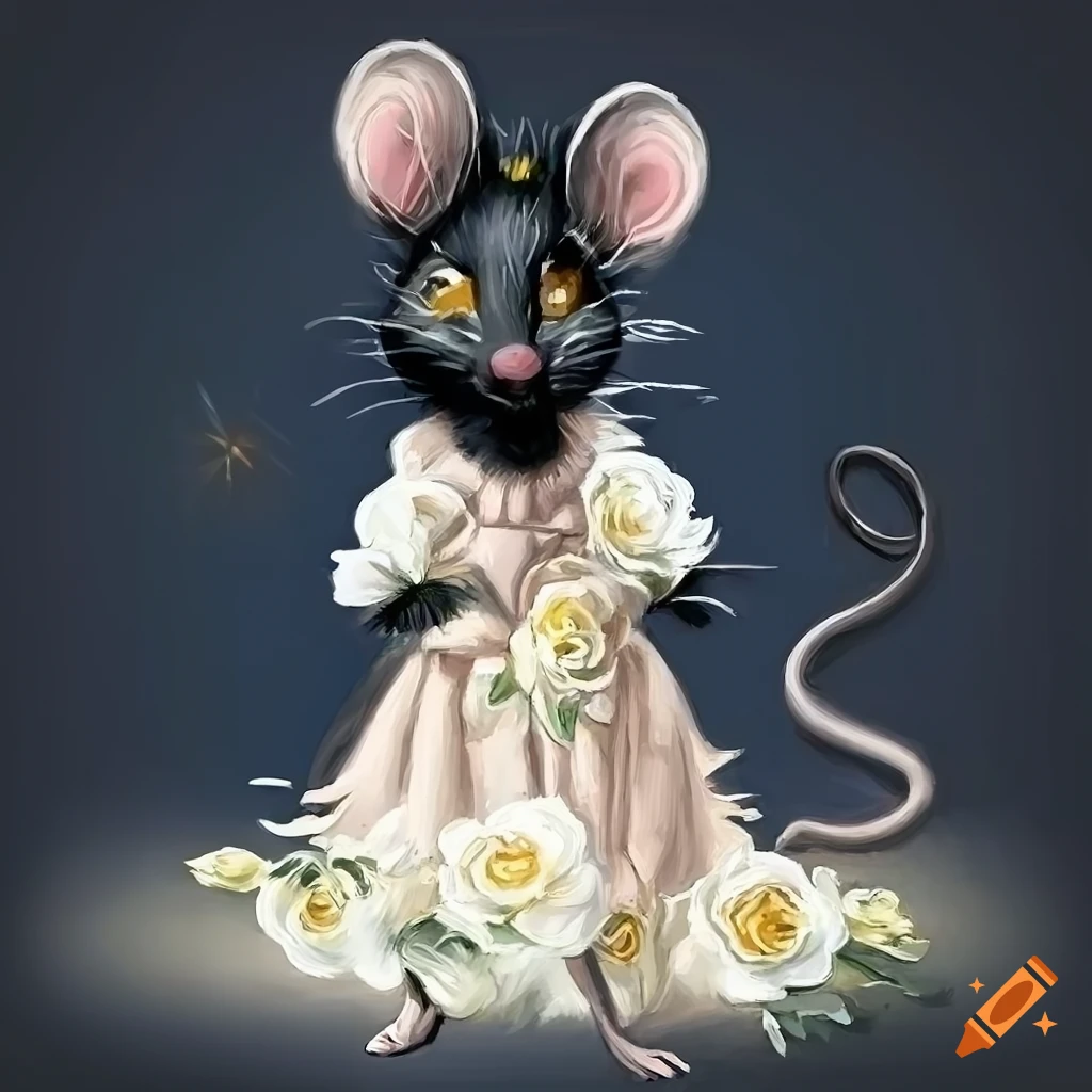 Anthropomorphic black mouse in a rose dress made of white roses in oil ...