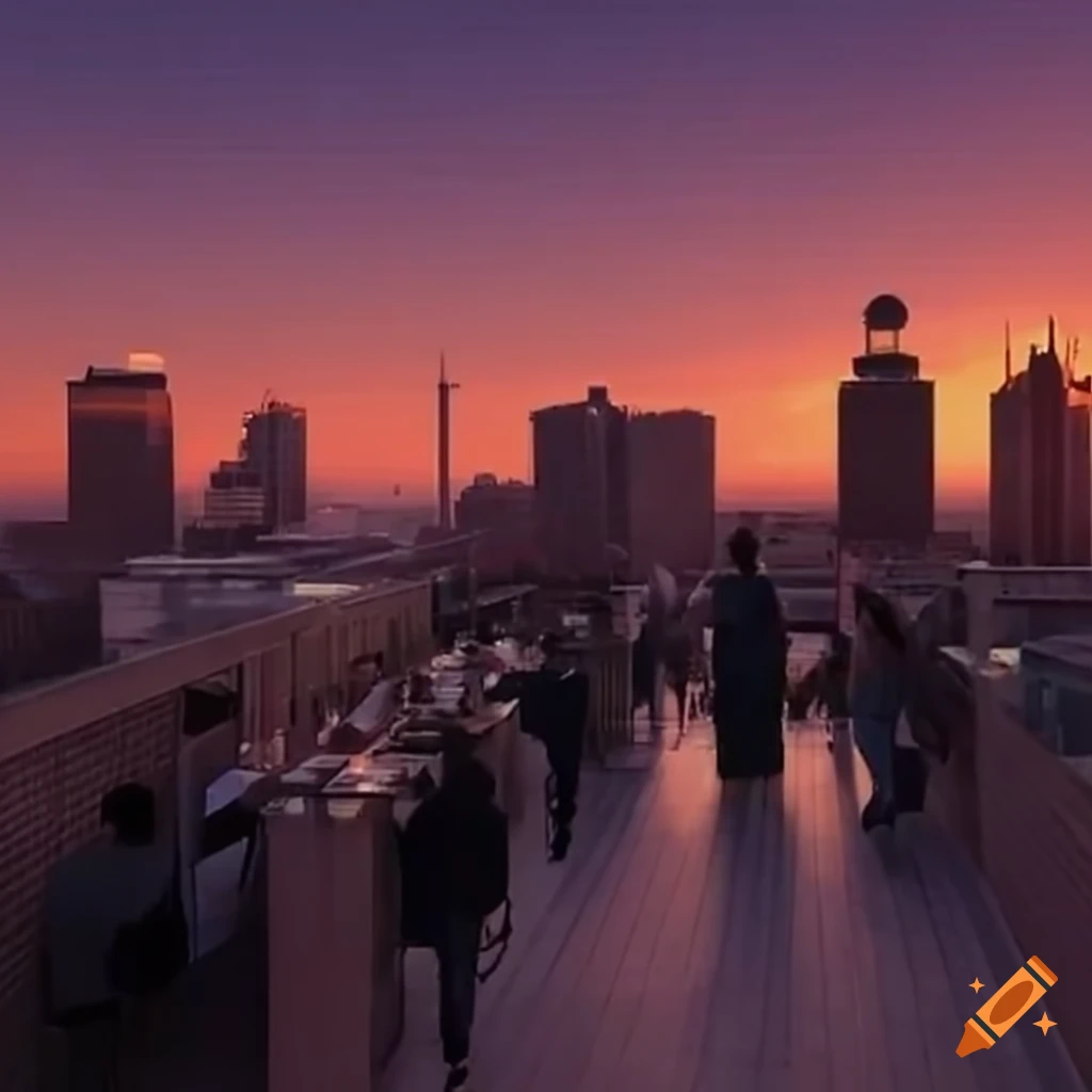 Hotel rooftop crowded with people during sunset on Craiyon