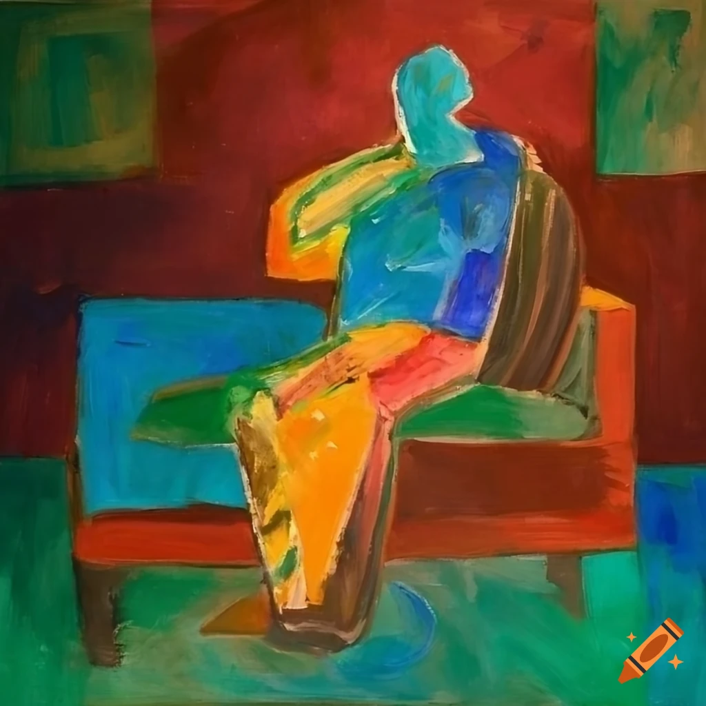 Man sitting on a couch in picasso and impressionism style with viridian ...